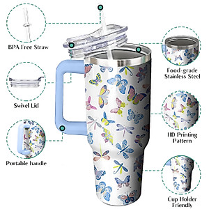 Ksoemar 40 Oz Butterfly Tumbler with Handle and Straw, Double Wall Stainless Steel Cup, Butterfly Tumbler with Lid and Straw, 40 Oz Water Bottle and Mugs for Women Gifts