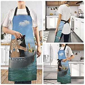 RunningBear Cat Titanic Bib Apron Waterproof Funny Apron for Restaurant, Salon, Cafe, Kitchen with Adjustable Straps Large Pocket for Women Men Chef