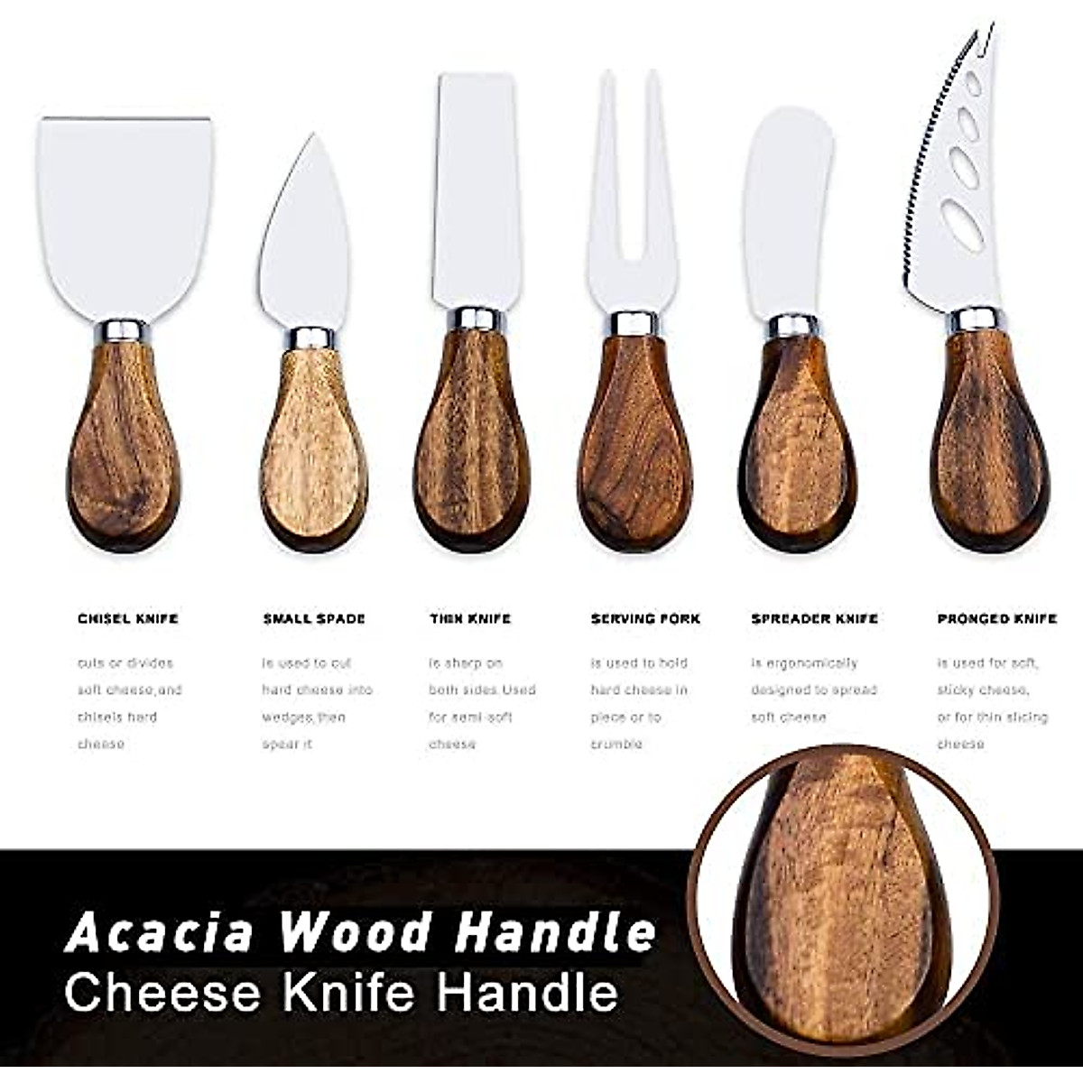 Cheese Knife, ONIPU 6-Piece Wood Handle Stainless Steel Cheese Knife Set, Cheese Accessories Knives, Cut, Slice, Shave Spread All Kinds of Hard and Soft Cheese Tool, Gift Box Serving for All Occasions