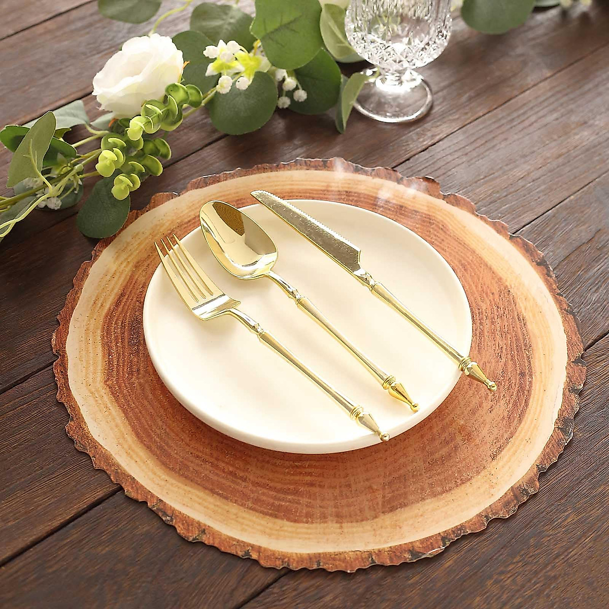 Efavormart 6 Pack | 13" Rustic Natural Wood Slice Design Disposable Serving Trays, Round Farmhouse Paper Charger Plates