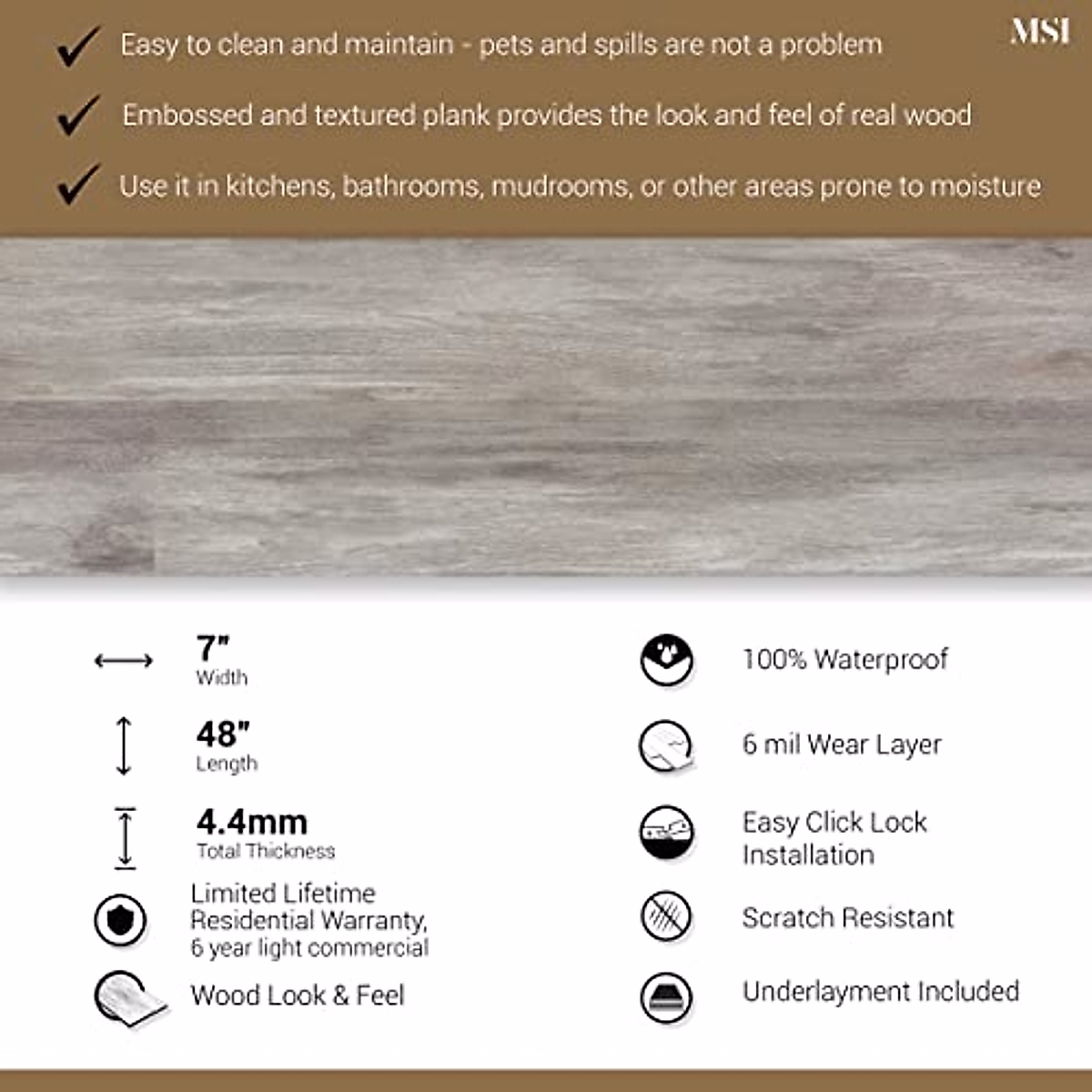 MSI Newlands 7 in. x 48 in. Luxury Vinyl Flooring, Rigid Core Planks, LVT Tile, Click Lock Floating Floor, Waterproof LVT, Wood Grain Finish, Goncalo Gray Dark, 1438.25 Square Feet