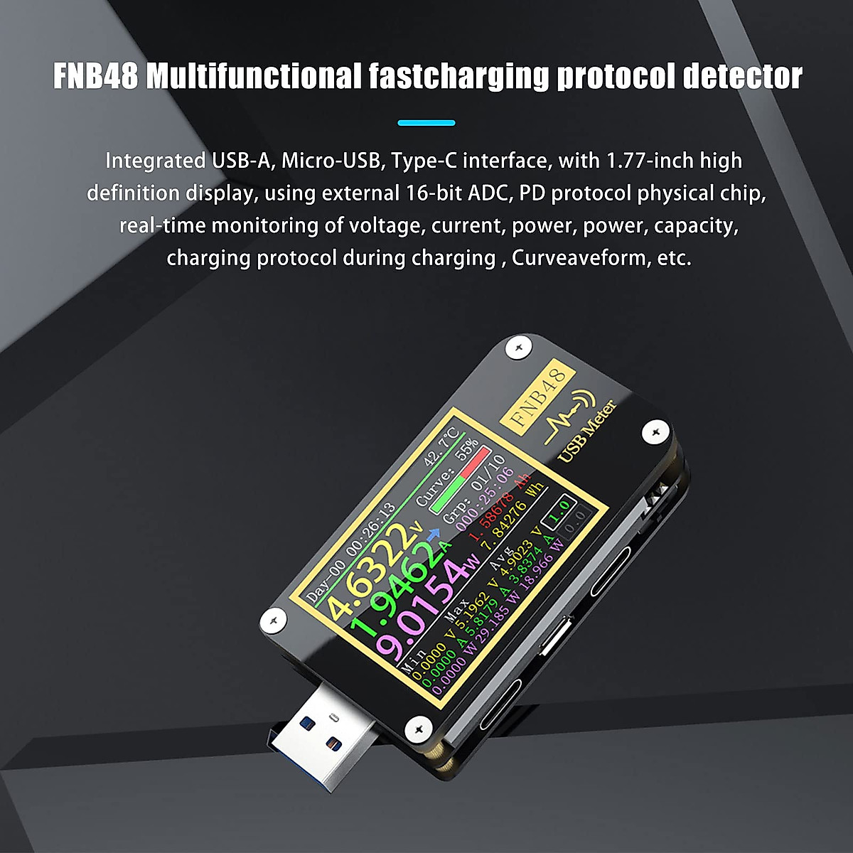 USB Voltage Meter Tester, FNB48 PD Trigger Voltmeter USB 3.0 Voltage and Current Tester DC 4-24V 6.5A USB C Multimeter PPS Fast Charging Protocol Capacity Tester QC2.0 3.0