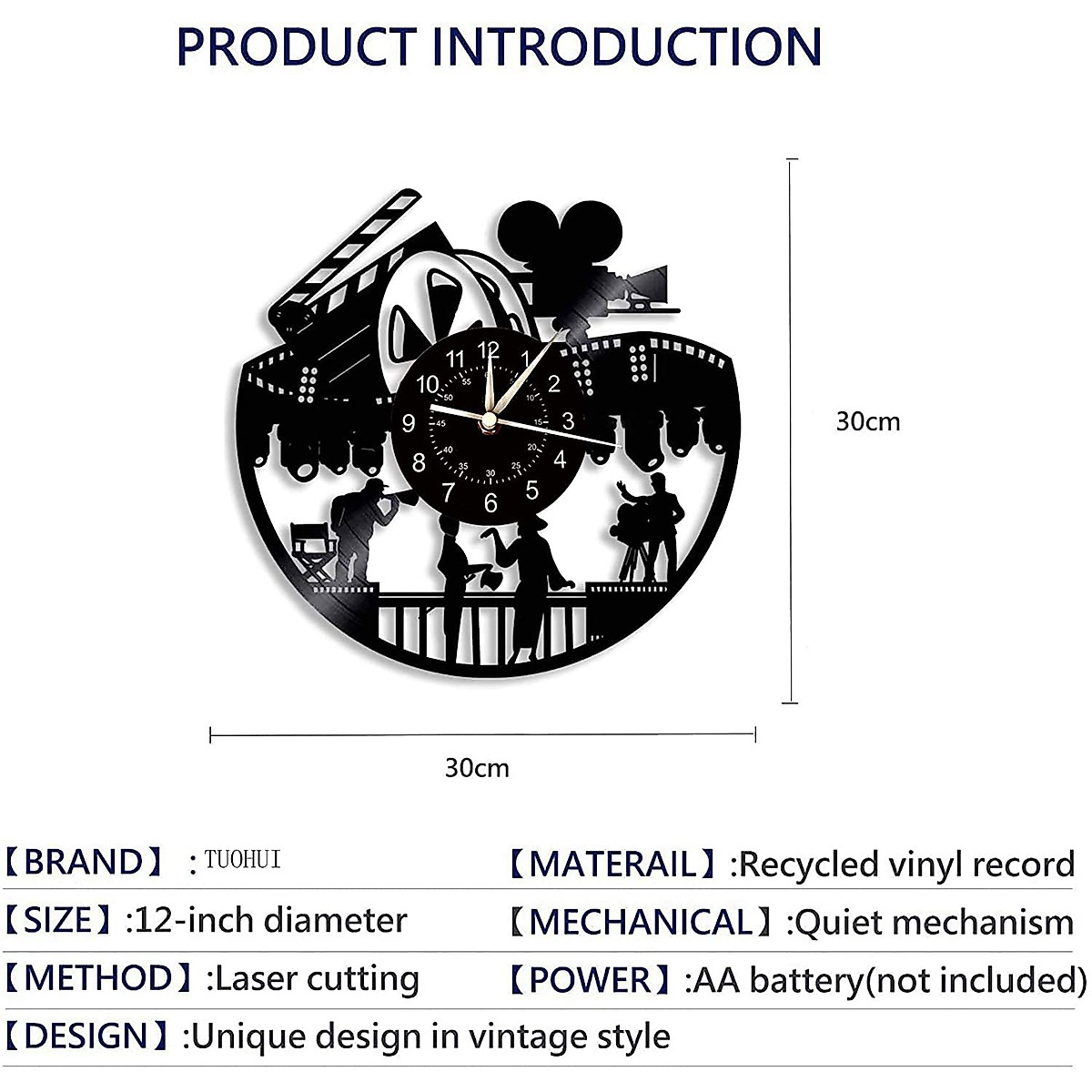 TuoHui Home Theater Cinema and Popcorn Vinyl Record Wall Clock Gifts for Holiday ,12”Black Movie Film Time Clock Watch Room Wall ,Art Unique Gifts for Men Women for Birthday Wall Decor