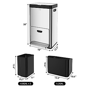 Vertical Trash Can - 2 Tiers 14 Gal Stainless Steel Tall Trash Can with Recycle Combo for Office Indoor