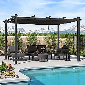 PURPLE LEAF Outdoor Retractable Pergola with Sun Shade Canopy 10' x 13' Patio Aluminum Pergola Shelter for Backyard Deck Garden Modern Metal Grill Gazebo, Gray