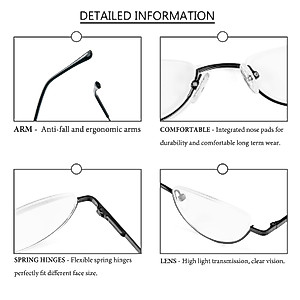 REAVEE 2 Pack Retro Designer Half Moon Reading Glasses Women Men Spring Hinge Half Frame Readers Stylish Slim Eyeglasses with Pouch,Red and Gun Grey 2.0