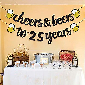 25th Birthday Decorations Cheers and Beers to 25 Years Banner Black Glitter Happy Birthday Wedding Anniversary Party Supplies