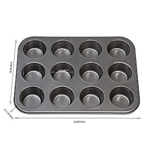 12 Cups Muffin and Cupcake Pan, Nonstick Brownie Cake Pan, Carbon Steel bakeware for Oven Baking Gray