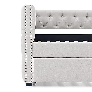 Eafurn Full Daybed with Trundle Bed,Upholstered Day with Twin Size Trundle Bed Frame Sofa Beds with Button and Copper Nail on Square Arms for Living Room, Bedroom