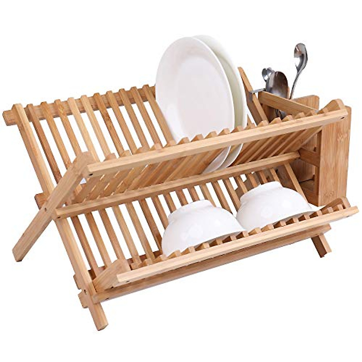 Lawei Bamboo Dish Drying Rack with Utensil Holder - Collapsible Dish Drainer Foldable Dish Rack Bamboo Plate Rack for Plates, Cups, Mugs, Utensil, Flatwares