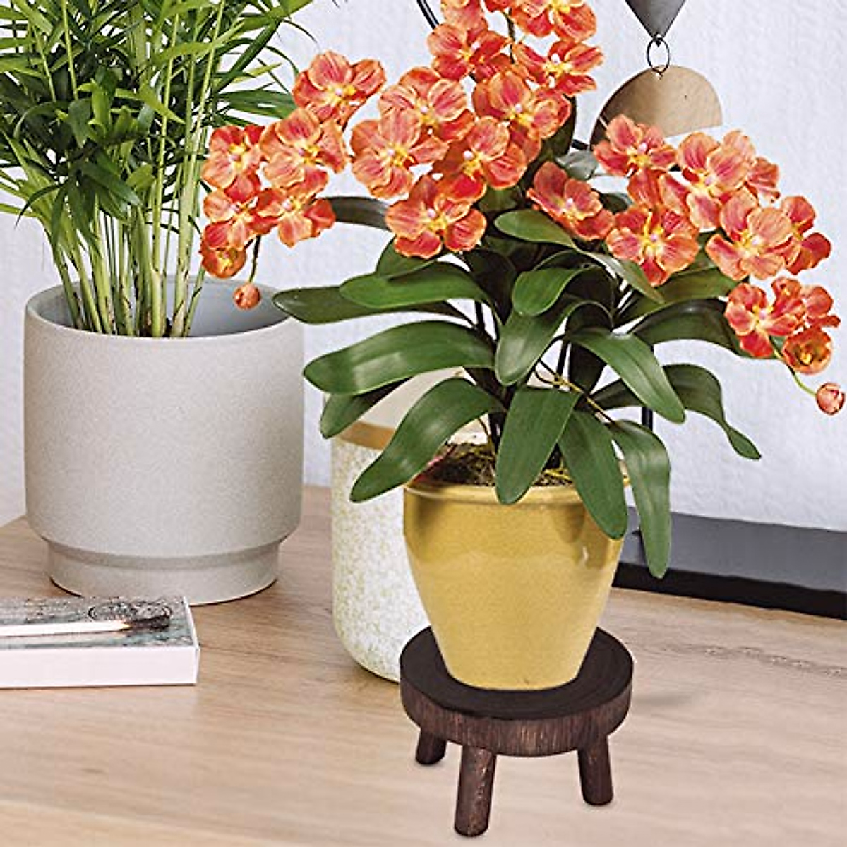 Mini Wooden Stool Display Stand Potted Plant Shelf Succulents Bonsai Rack, Wood Grain Flower Pot Holder Potted Rack Planter Supports Plant Holder Indoor Outdoor for Home, Garden, Patio Decor(Black S)