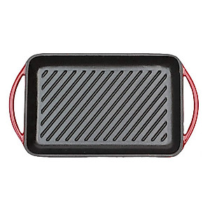 LI-GELISI Enameled Pre-Seasoned Cast Iron Double Handle Rectangle Grill Pan 15.8 inch, Red