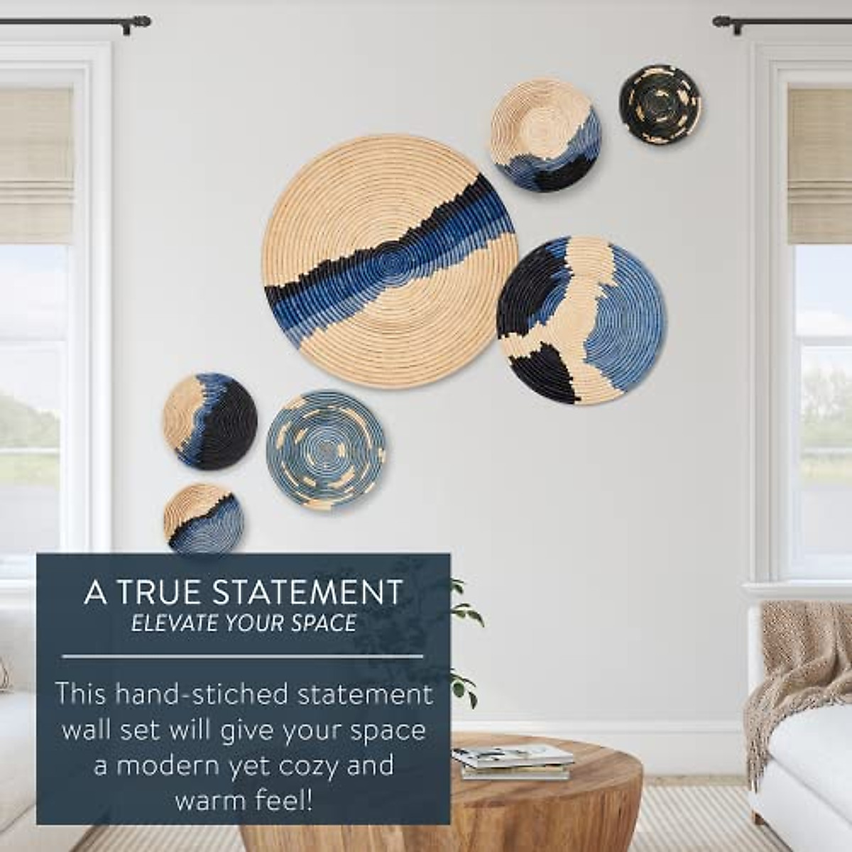 KAZI Decorative Baskets, Wall & Home Decor, Fruit Bowl and Storage Basket, Artisan-made with Raffia, Eco-friendly by African Artisans, Set of 7 (Coastal Blues - Grand Wall Statement Set)