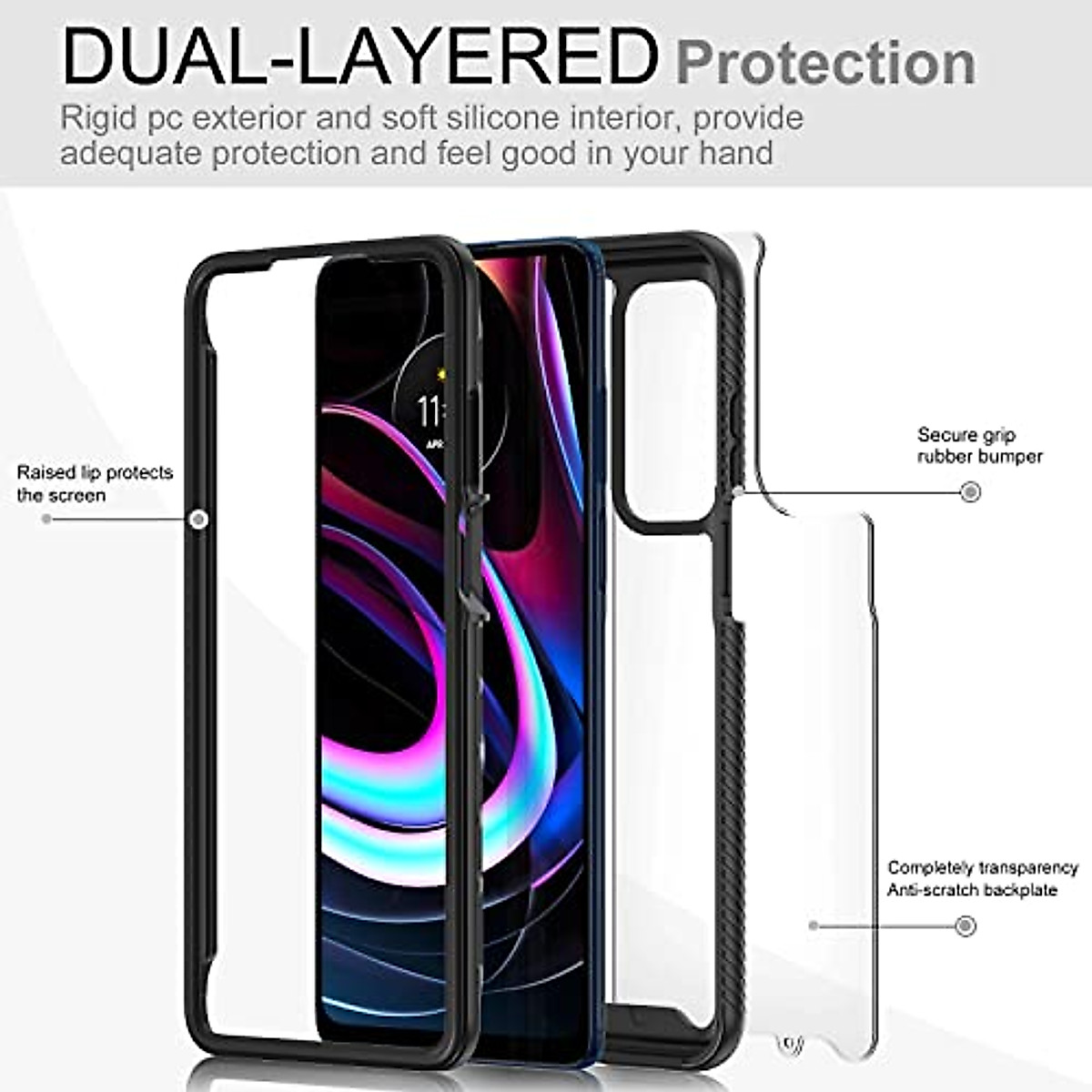 LeYi for Motorola Edge 5G UW Case, Motorola Edge 2021 Case with 2 Tempered Glass Screen Protector, Full-Body Shockproof Bumper Rugged Hybrid Hard Clear Protective Phone Case for Moto Edge 5G UW, Black