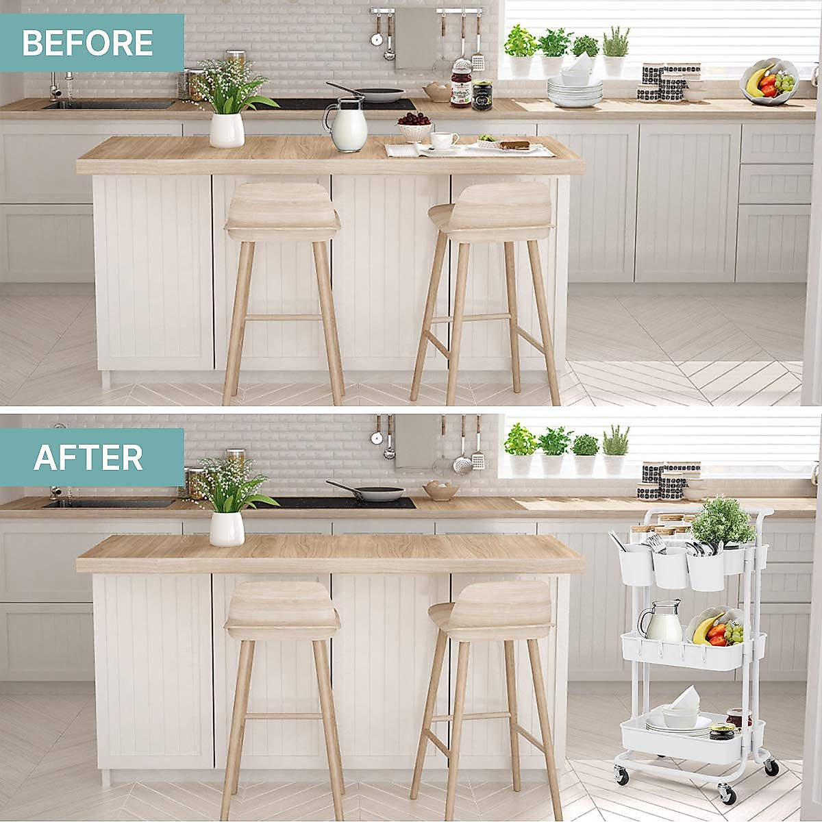 LEZIOA 3 Tier Rolling Cart, Ajustable Art Craft Cart Organizer on Wheels, Metal Utility Storage Cart with Handle for Kitchen Bathroom, Mobile Multifunctional Salon Trolley Makeup Cart, Easy Assembly