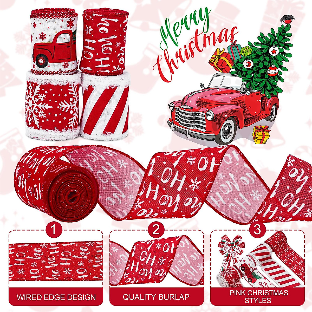 AnyDesign 24 Yards Christmas Wired Edge Ribbon Red White Xmas Snowflake Truck Fabric Craft Ribbon for Wreath Bow Making Gift Wrapping, 4 Roll