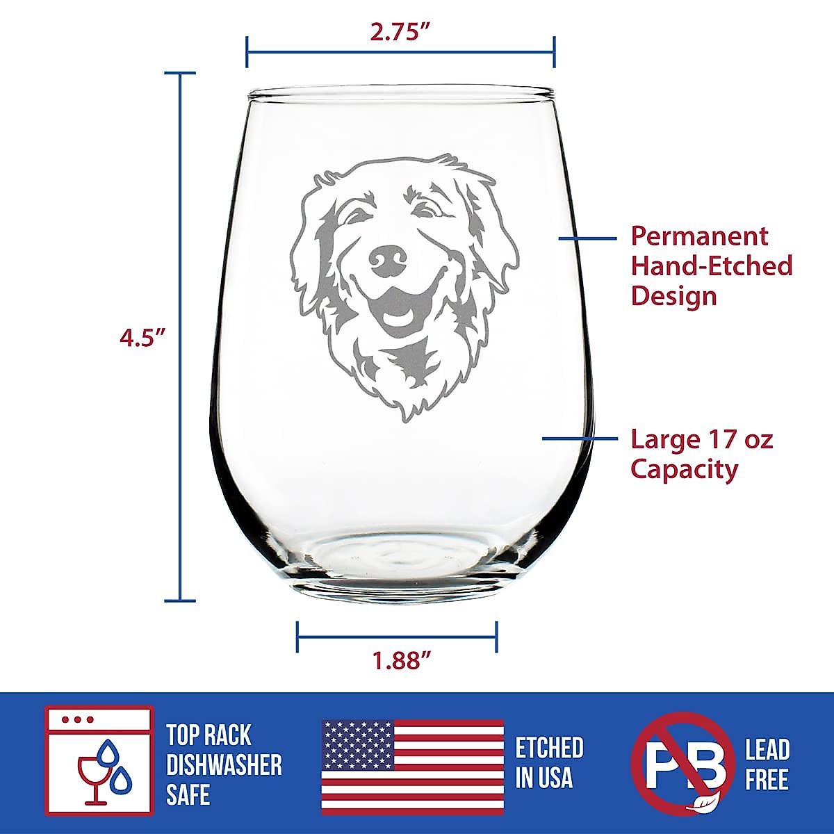 Happy Golden Retriever Stemless Wine Glass - Cute Gifts for Dog Lovers with Golden Retrievers - 17 Oz Large Glasses