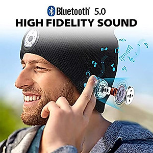 Bluetooth Beanie Hat with Light, Unisex USB Rechargeable LED Headlamp Cap with Headphones, Built-in Speakers & Mic Winter Knitted Night Lighted Music Hat, Gifts for Men Him Husband Men and Women Red