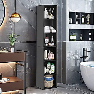 HOFFREE 6-Tier Narrow Bookcase Tall Wood Bookshelf Cabinet Cube Organizer Book Shelves Display Storage Shelves Rack for Small Spaces Home Office Living Room - Black