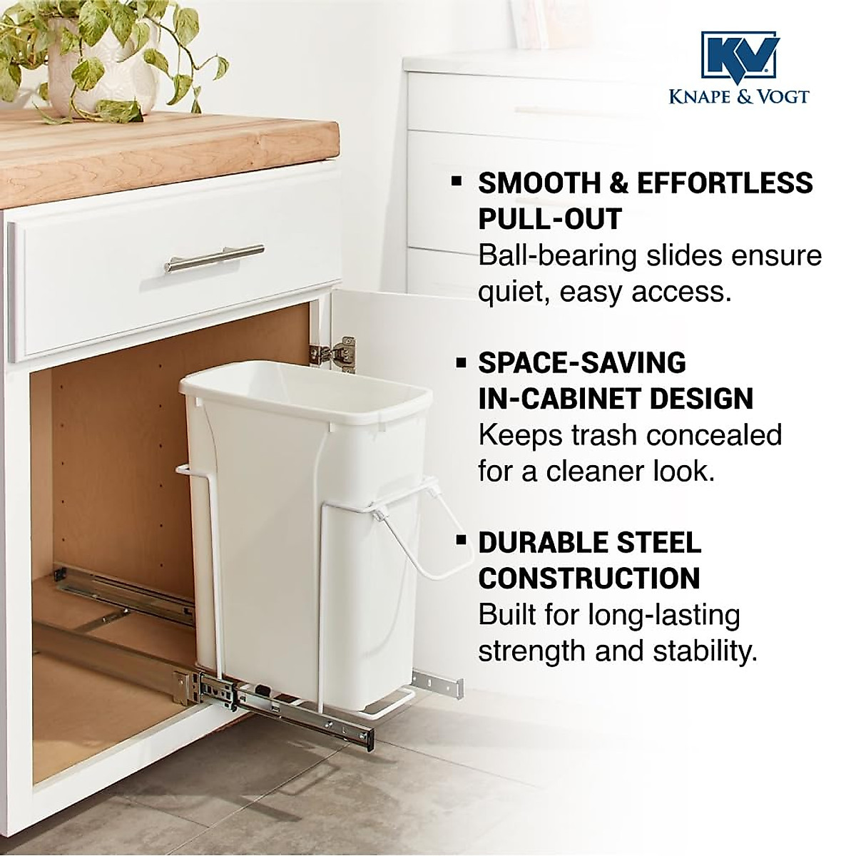 Knape & Vogt RS-PSW9-1-20-W 17 in. H x 8 in. W x D Steel in-Cabinet 20 Qt. Single White Pull Out Trash Can