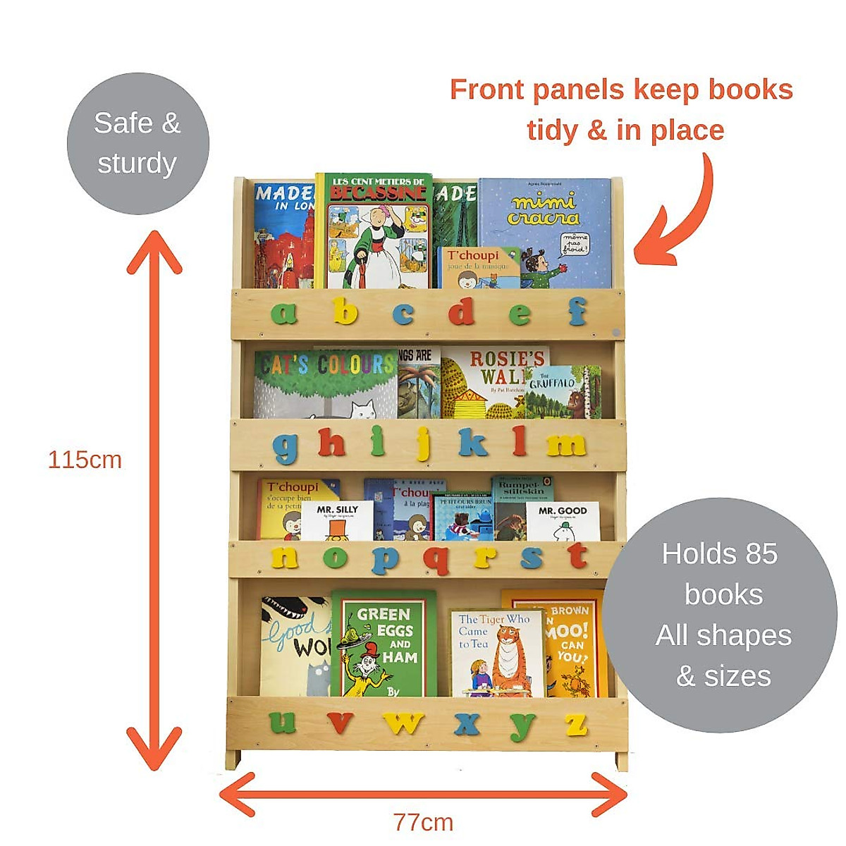 Tidy Books - Kids Bookshelf | White | Wall Bookshelf for Kids with 3D Alphabet Color | Montessori Materials | Wood Bookcase | 45.3 x 30.3 x 2.8 in | ECO Friendly | Handmade - The Original Since 2004