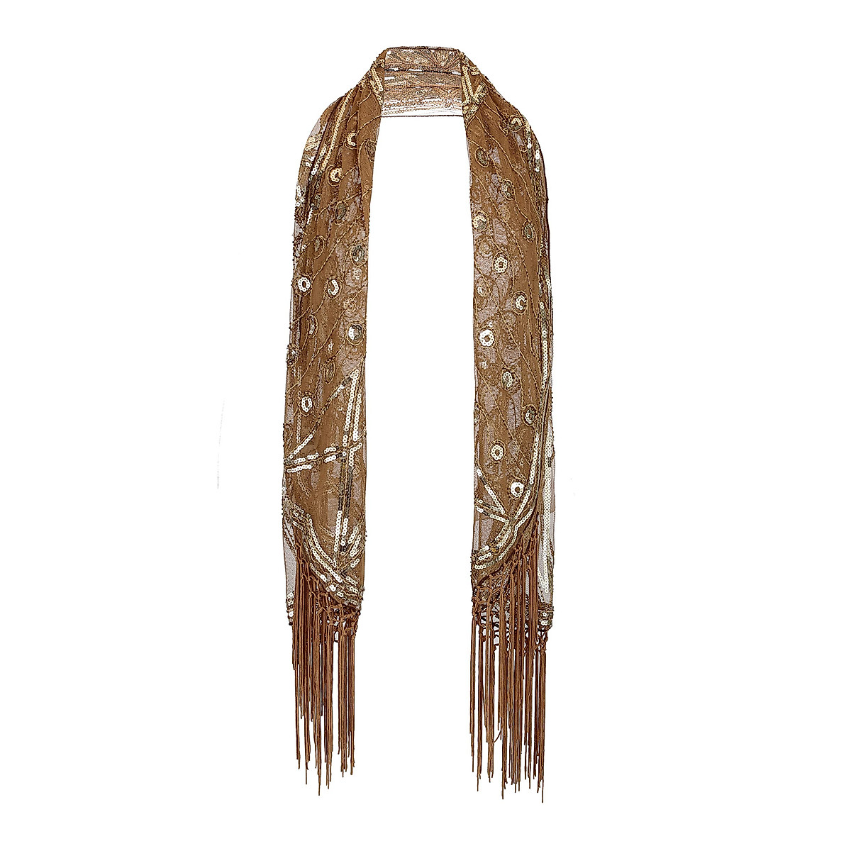 Metme Women's 1920s Scarf Wraps Sequin Deco Fringed Wedding Cape Evening Shawl Vintage Prom (Coffee Gold)