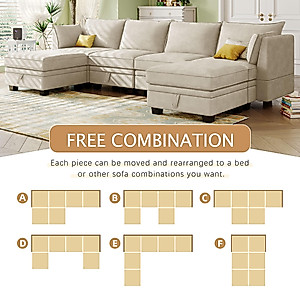 BAMOOLI 115.1'' U Shape Modular Sectional Sofa, Modern Corner Sofa with Reversible Chaise, Oversized Linen Fabirc Sofa with 4 Pillows, 6 Seat Sofa with Storage Space for Living Room, Apartment, Beige