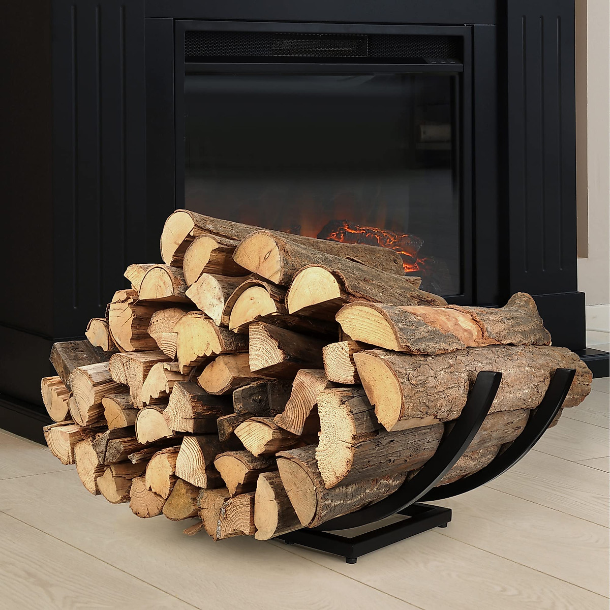 Curved Firewood Rack Holder: Heavy Duty Firewood Holder Indoor Outdoor for Firewood Storage - Fireplace Wood Rack Log Holder Black 22-Inch