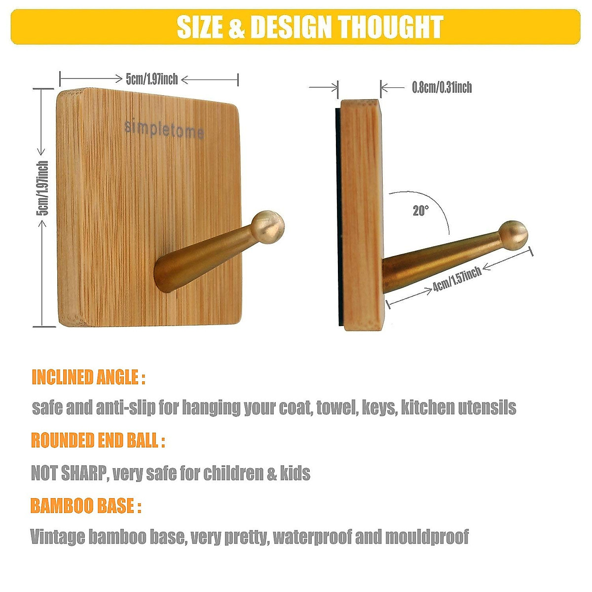 simpletome Adhesive Hooks Heavy Duty Strong Tape + Bamboo + 100% Copper Hanger