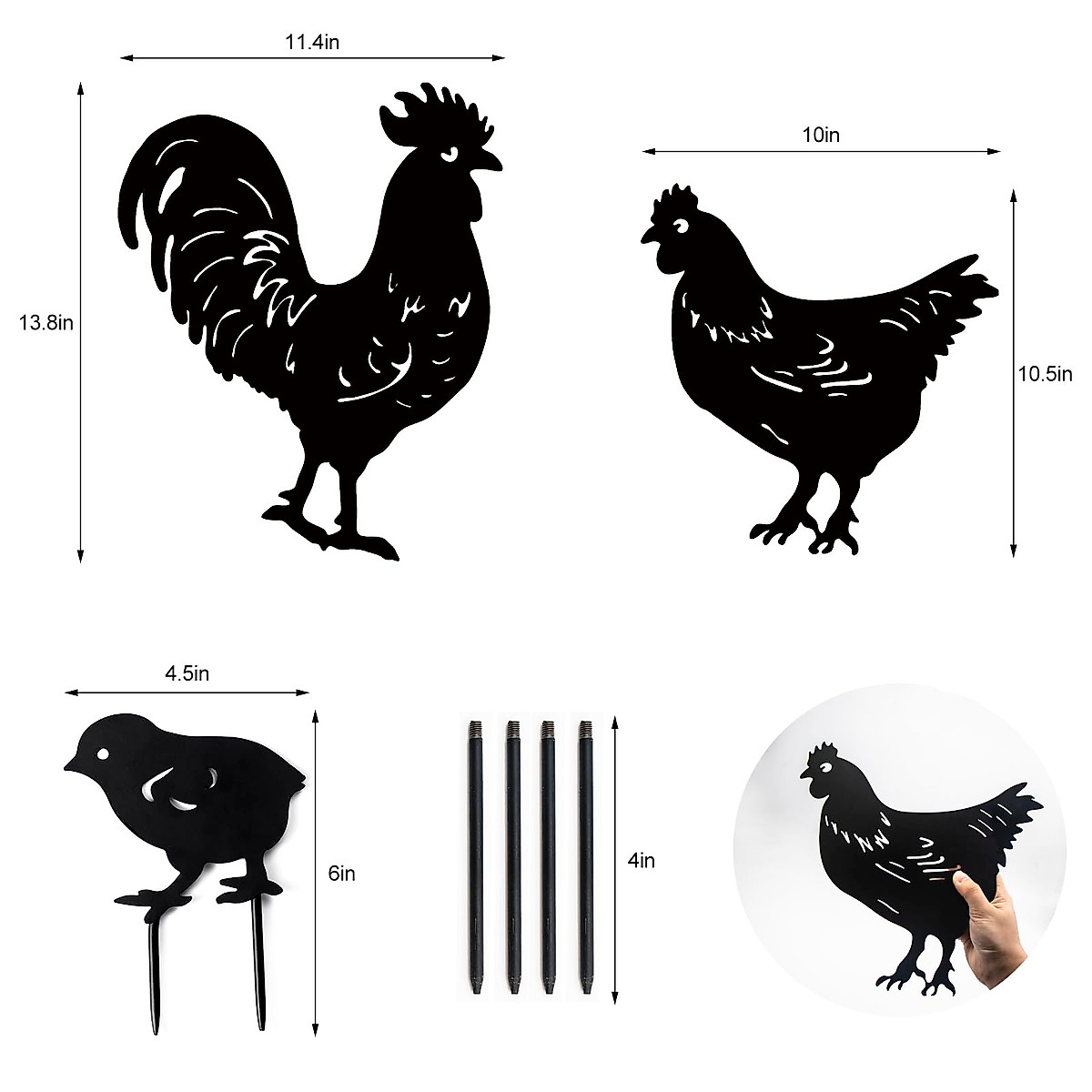 TT & MM Metal Chicken Yard Decor 3 Pcs Rooster Garden Stakes,Chicken Gifts for Women/Men,Hen/Chicks Silhouette Statues for Yard Art,Backyard,Patio,Lawn Ornaments,Outdoor Decor