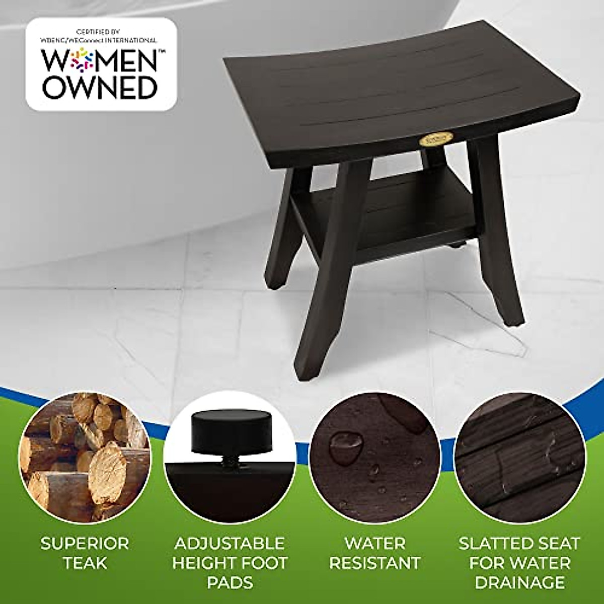 FULLY ASSEMBLED- Satori 18" Eastern Styled Solid Teak Shower Bench WITH SHELF- ADJUSTABLE HEIGHT FOOT PADS