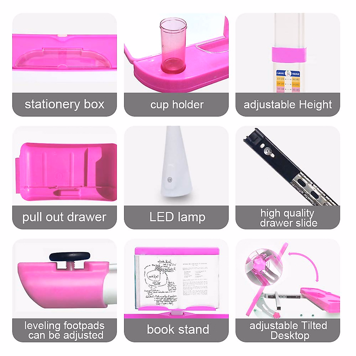Cantonape Kids Desk and Chair Set, Height Adjustable Children School Study Desk with Tilt Desktop, Bookstand, LED Lamp, Metal Hook and Storage Drawer for Boys Girls, (Pink)