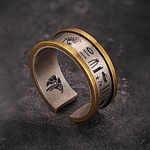 Copper and 925 Sterling Silver Eye of Horus Ring Two Tone Ancient Egyptian Hieroglyphics Band Ring Punk Jewelry for Men Women Open and Adjustable 8mm Size M