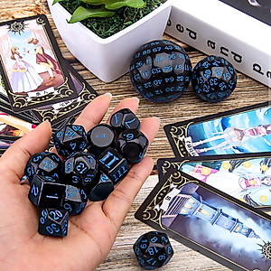 AUSTOR 15 Pieces Complete Polyhedral Dice Set D3-D100 Game Dice Set with a Leather Drawstring Storage Bag for Role Playing Table Games(Black & Blue)