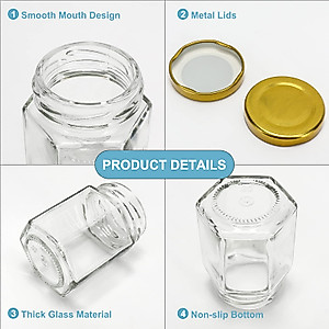 3 oz Hexagon Glass Jars with Gold Lids, 30 Pack Honey Jars Canning Jars Small Spice Jars for Jelly, Herb, Jams, Candy, Wedding Favors, Includes Labels and Pen