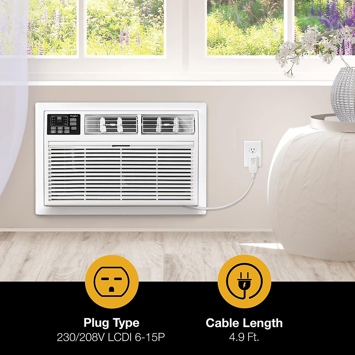Whirlpool 14,000 BTU Through the Wall Air Conditioner, 230V, Cools up to 700 Sq. Ft for Living Room, Bedroom, Kitchen, Apartment, with Dehumidifier, Remote Control, Digital Display, 24H Timer, White