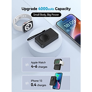 LVFAN Portable Charger for Apple Watch, 4000mAh iWatch Charger Power Bank Wireless Battery Pack Magnetic Travel Smartwatch Charger for Apple Watch Series 10 9 8 7 6 5 4 3 2 1 SE Ultra 2 Ultra (Black)