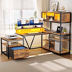 YITAHOME L Shaped Desk with Power Outlets, 78.7" Reversible Computer Desk with Drawers & Bookshelf, Corner Office Desk with LED Lights and Storage Shelves for Home Office, Rustic Brown