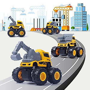 Construction Truck Toys for Boys, 4 Pack Pull Back Cars with Excavator, Mixer, Crane & Dump Trucks, Friction Powered Cars Pull and Go Toys, Kids Party Favors Gifts for Boys & Girls for Age 3+