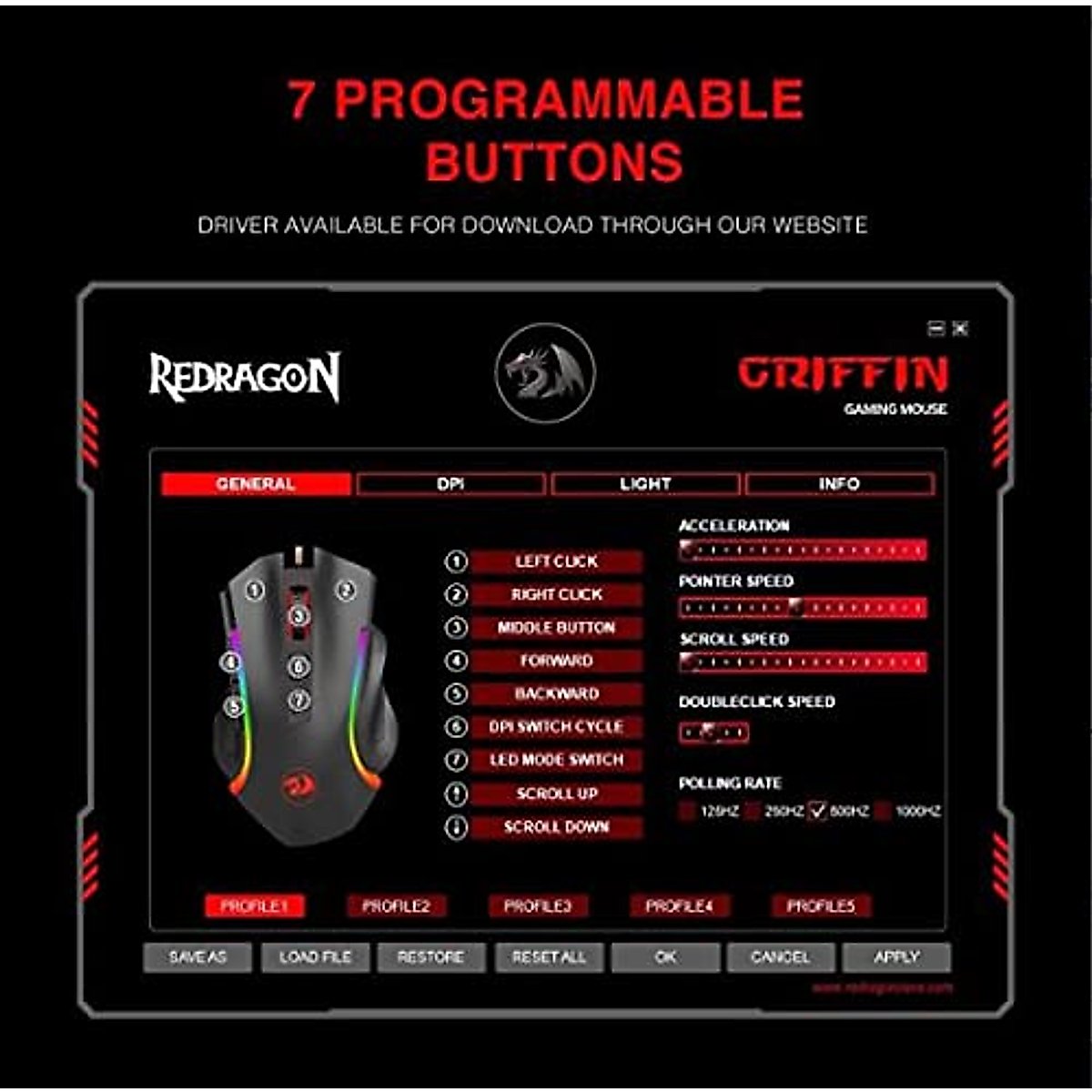 Redragon M602 RGB Wired Gaming Mouse RGB Spectrum Backlit Ergonomic Mouse Griffin Programmable with 8 Backlight Modes, Up to 7200 DPI for Windows PC Gamers (White)