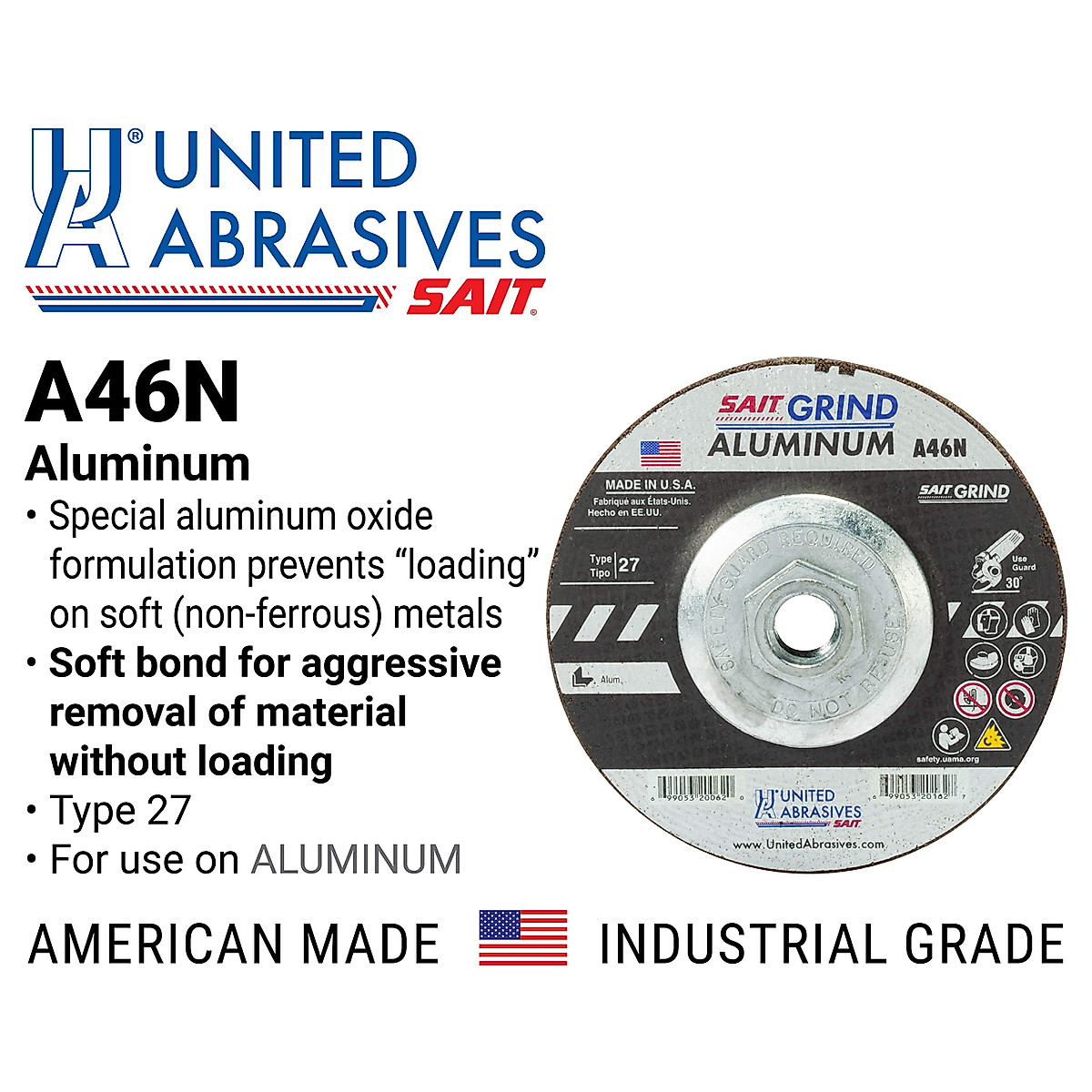 United Abrasives-SAIT 20162 A46N Aluminum Grinding Wheel (Type 27/Depressed Center) 4 1/2" x 1/4" x 5/8-11", 10-Pack