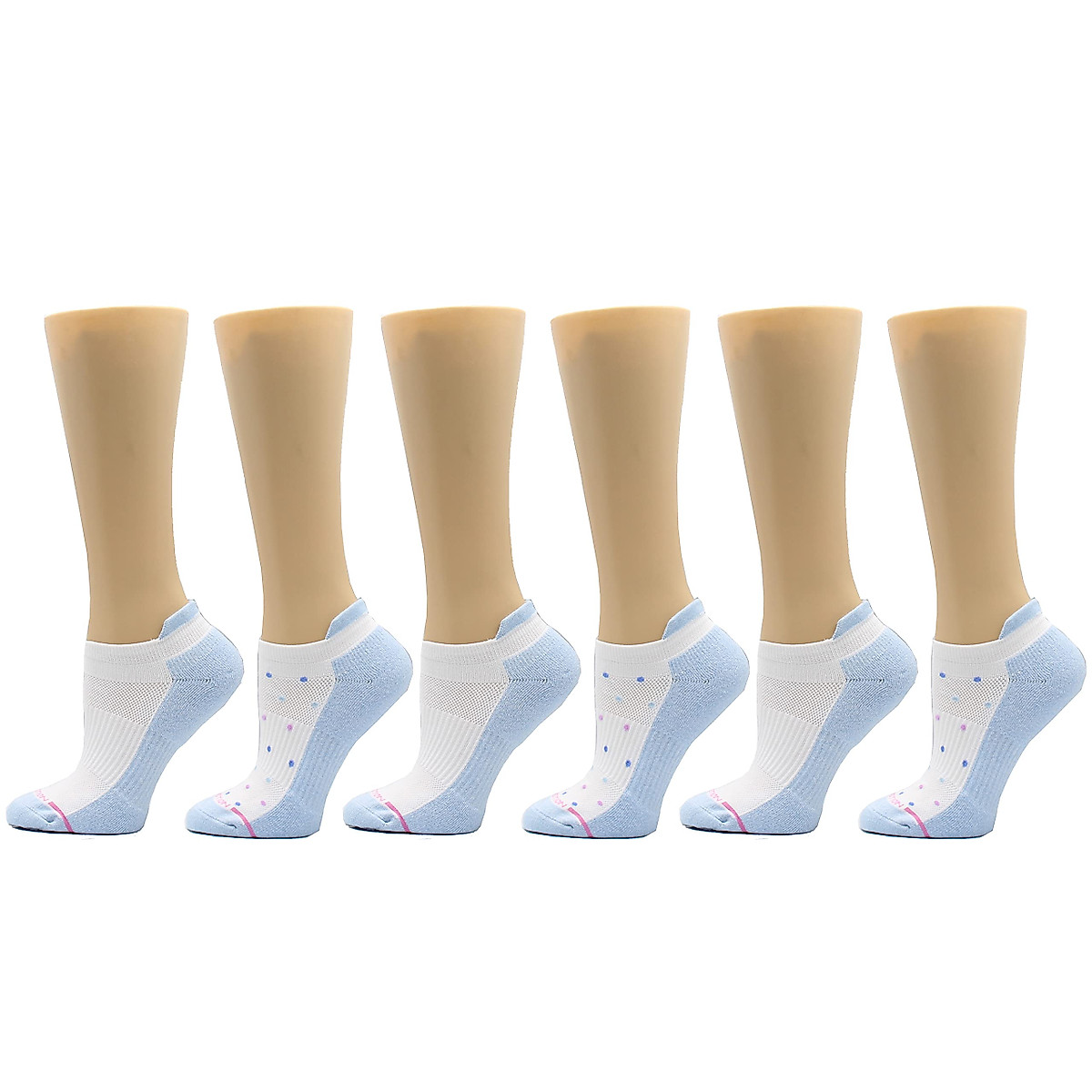 Dr. Motion Womens Low Cut Cushioned Breathable Compression Ankle Socks with Arch Support 6 Pairs (White/Blue Dots)