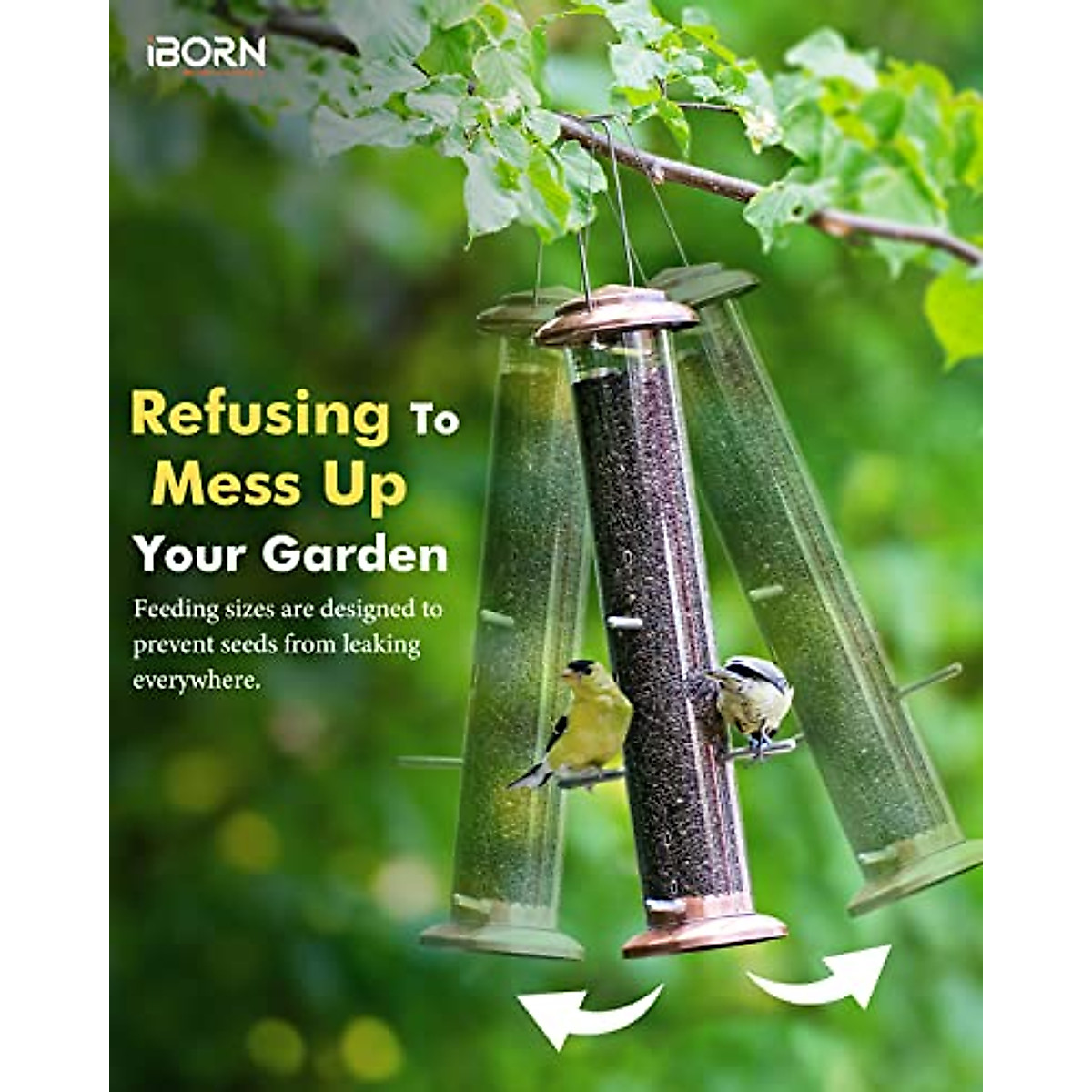 iBorn Metal Bird Feeder Thistle Bird Feeder,Finch Feeders for Thistle Seed,Tube Feeder Hanging Hook 14 Inch Brushed Copper