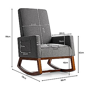 Giantx Upholstered Rocking Chair, Modern Fabric Armchair w/Wood Base, Side Pocket, Linen Padded Seat, High Back Accent Glider Rocker Chair, Mid-Century Leisure Chair for Nursery, Living Room (Gray)