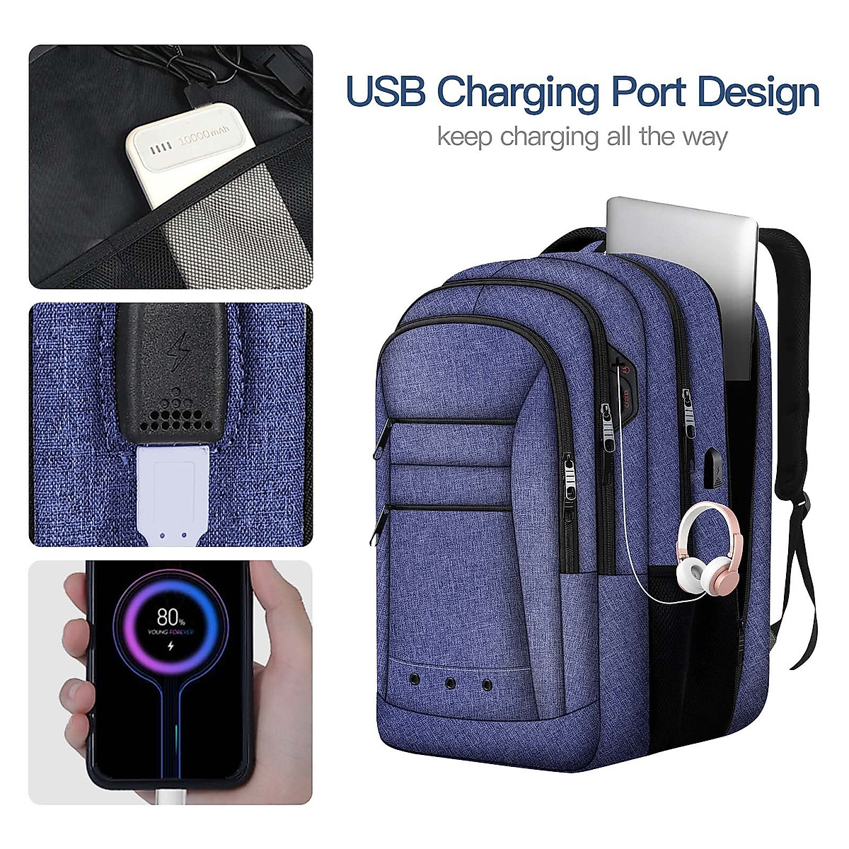 Large Backpack, Travel Backpack, Laptop Backpack, Durable 17 Inch Extra Large TSA Computer Backpacks with USB Charging Port, 40L High Capacity Water Resistant TSA Carry on Computer Business Bag, Blue