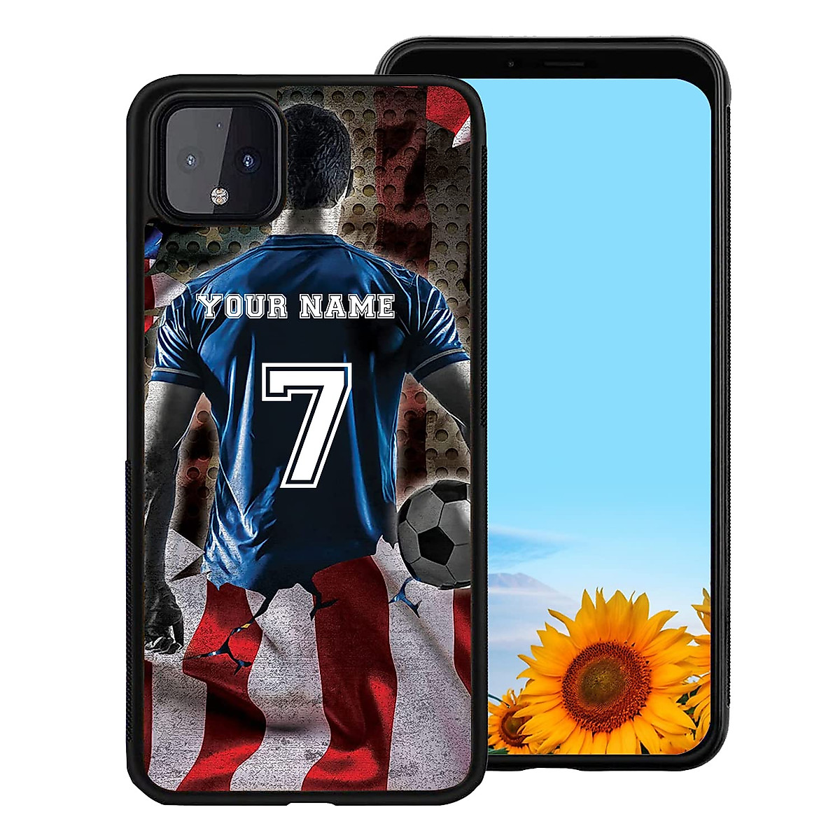 Personalized Soccer Football Player Name Number America Flag Design Rubber Cover Phone Case for Google Pixel 4/4A/4XL/5/5XL/6/6 PRO/7/7 Pro Custom Soccer Phone Case