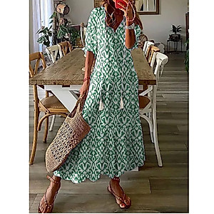 Cnebo New Women's Medium and Long Sleeve Dress with Tassels Wide Bohemian Print V Neck Length Sexy Maxi Dresses for Women 2023 Green