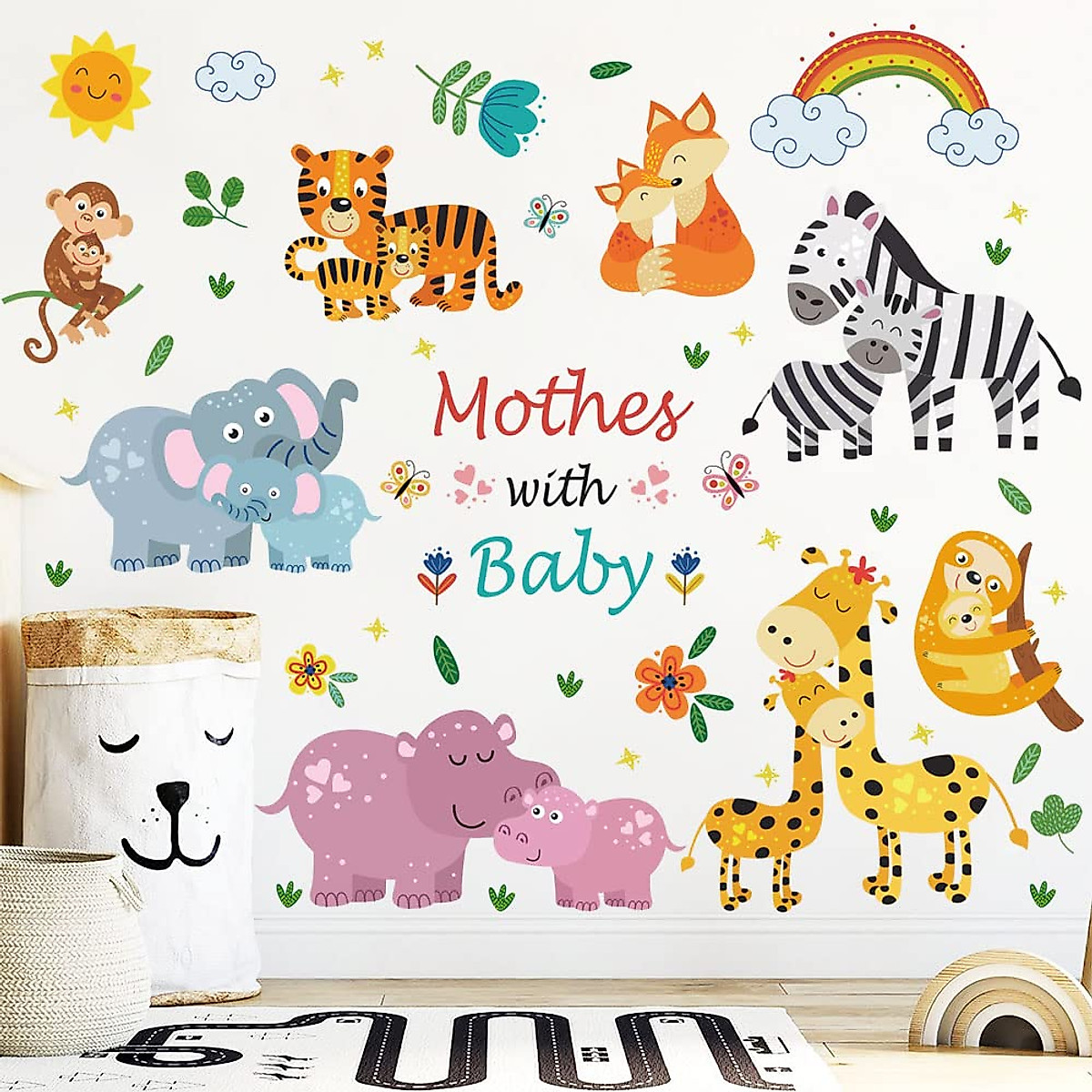 Supzone Jungle Animal Wall Decals Cartoon Animal Mother with Baby Wall Stickers Elephant Giraffe Monkey Wall Sticker for Kids Baby Nursery Playroom Bedroom Girls Boy Room Wall Decor