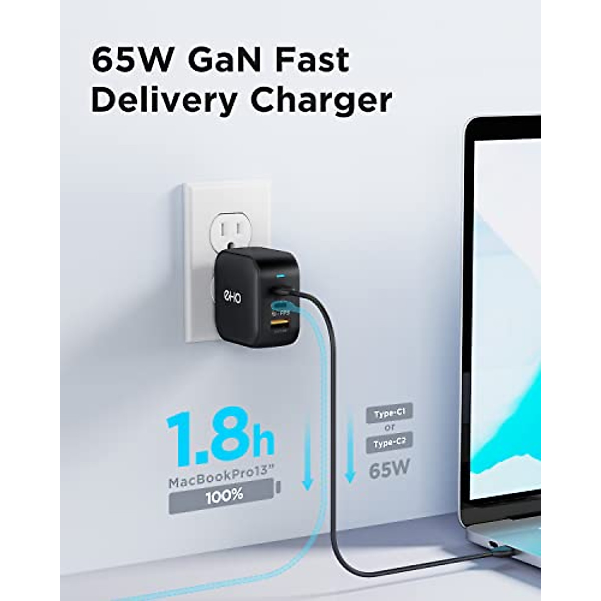 USB C Charger, EHO 65W GaN III PPS Fast Charger Adapter, 3-Port Foldable Compact Wall Charger Compatible with MacBook Pro/Air, Galaxy S22/S21, Note 20/10+, iPhone 13/12, iPad Pro, and More, Black