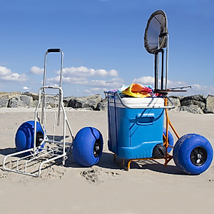 Folding Beach Cart with Balloon Wheels, Rolling Cooler Dolly with Big 13 Inch Large Sand and Beach Tires (White)
